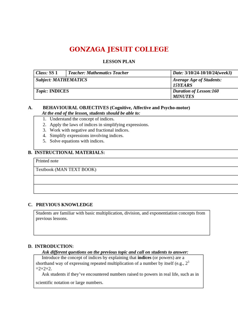 SS1 Mathematics Lesson Plan Week 3 | PDF | Exponentiation | Mathematics