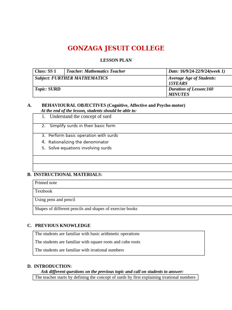 SS1 Further Maths Lesson Plan | PDF | Mathematics | Arithmetic