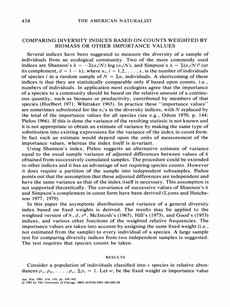 Comparing diversity indices based on biomass or importance values | PDF ...
