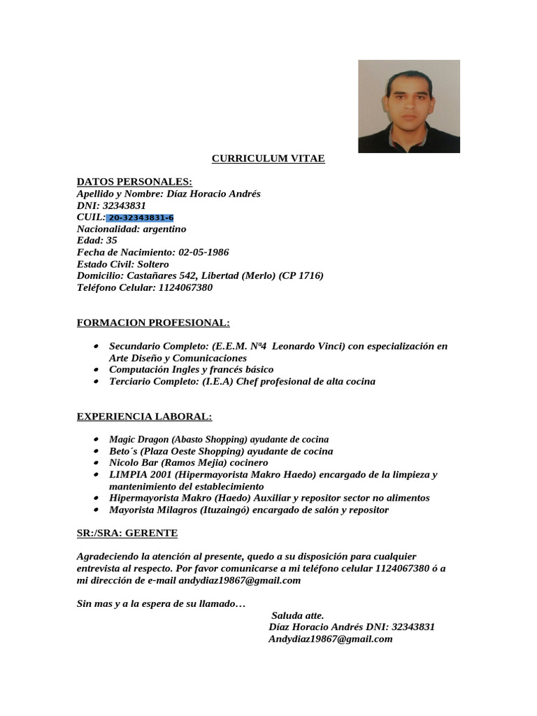 CV de Chef Profesional Horacio Díaz | PDF
