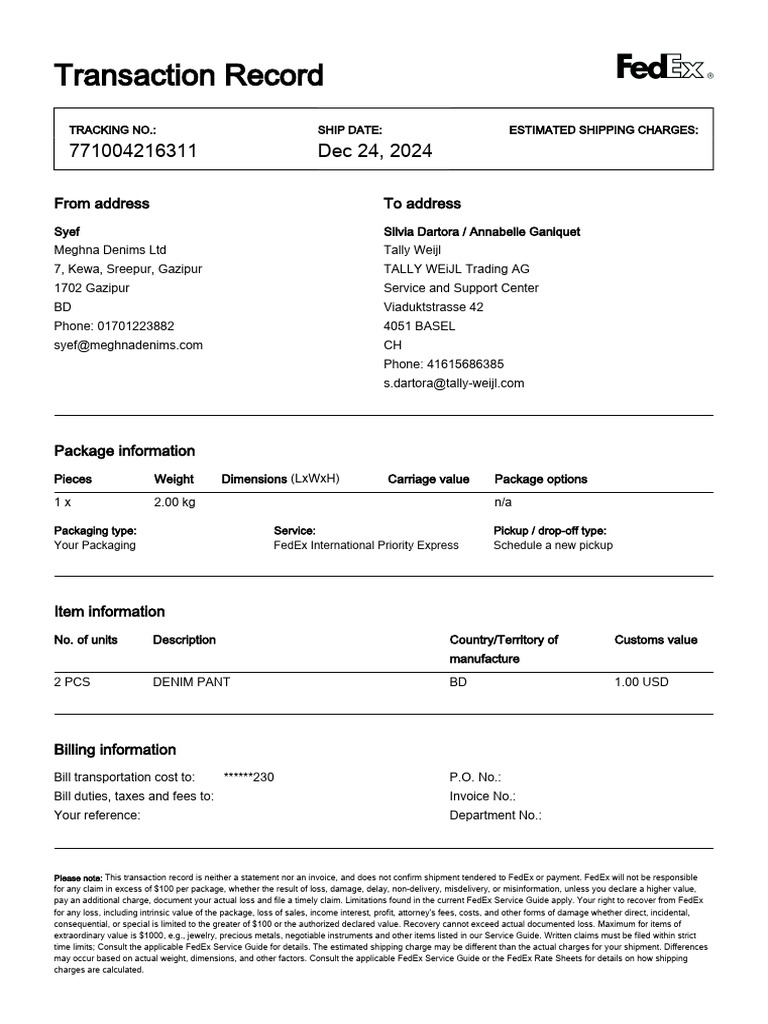 FedEx Transaction Record for Denim Shipment | PDF | Fed Ex | Business