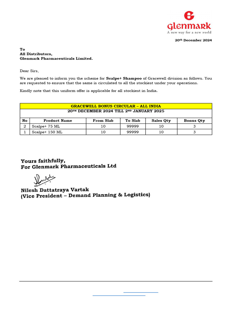 Glenmark Scalpe+ Bonus Scheme Notice | PDF