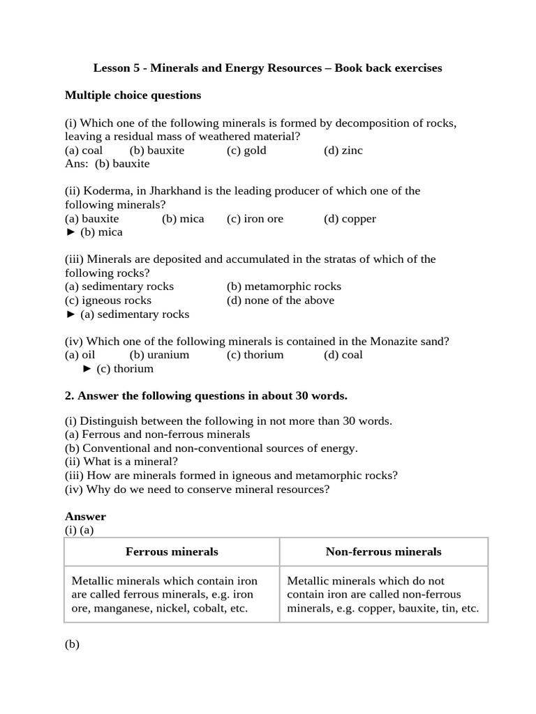 Minerals and Energy Resources Exercises | PDF | Rock (Geology) | Minerals