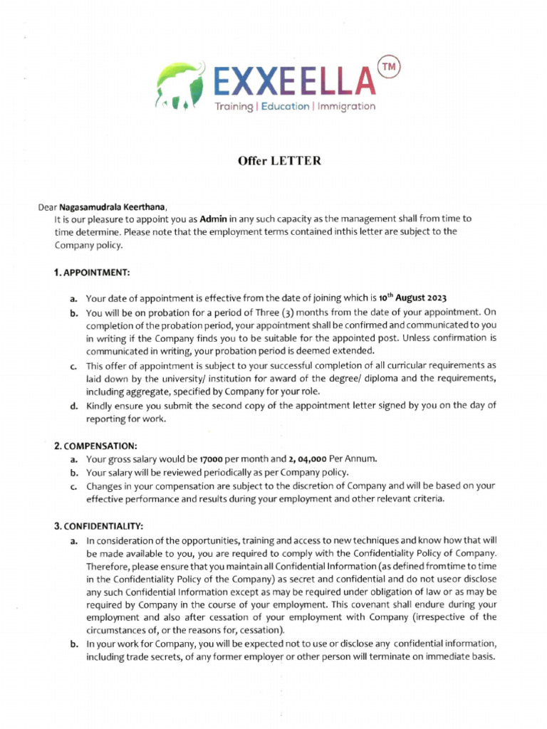 Keerthana Exxeella Offer Letter | PDF