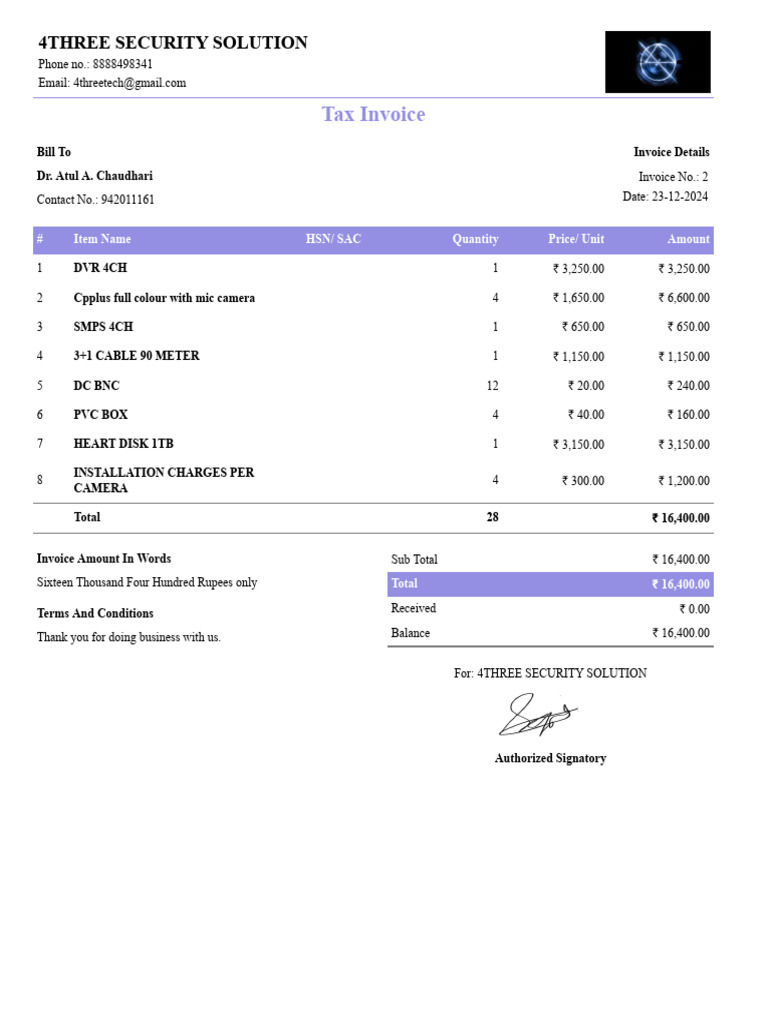 Invoice for Security Equipment Purchase | PDF