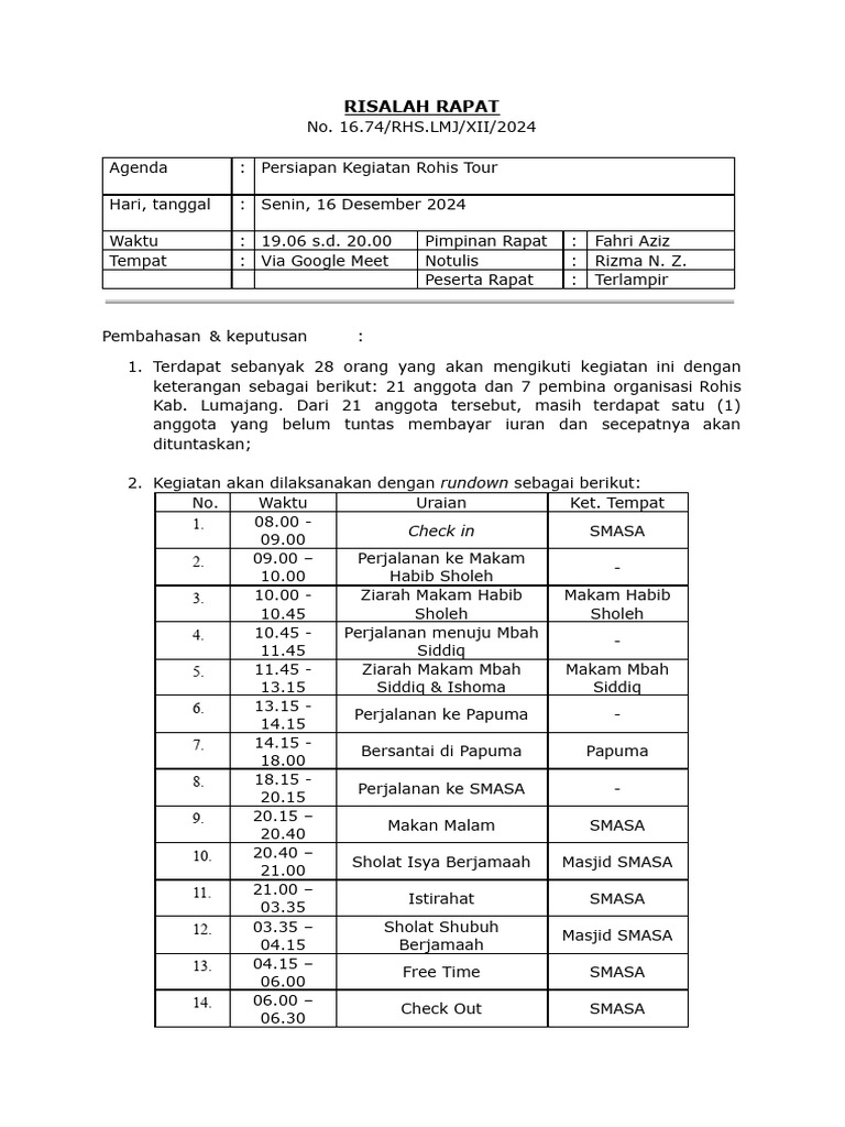 74 - Notula - Persiapan Rohis Tour - 20241216 | PDF