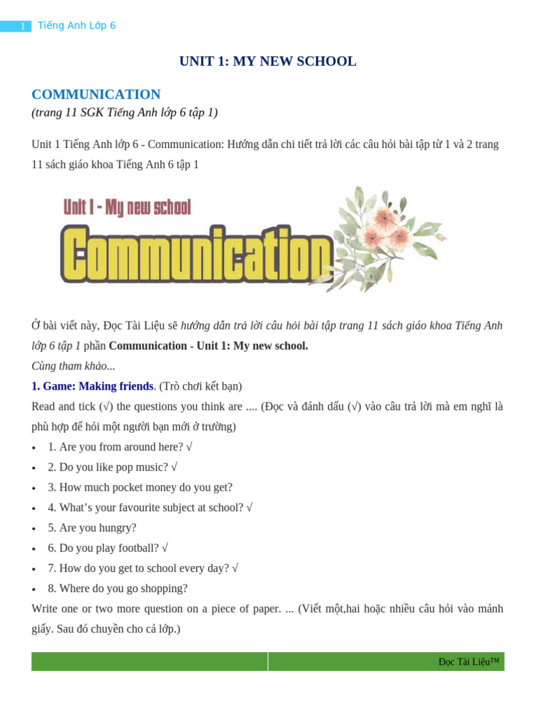 Communication Unit 1 Tieng Anh 6 | PDF