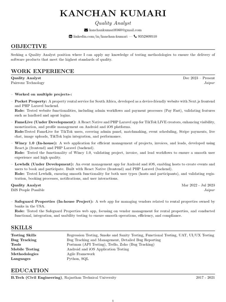 Kanchan Kumari QA Resume-1 | PDF | Mobile App | Ios