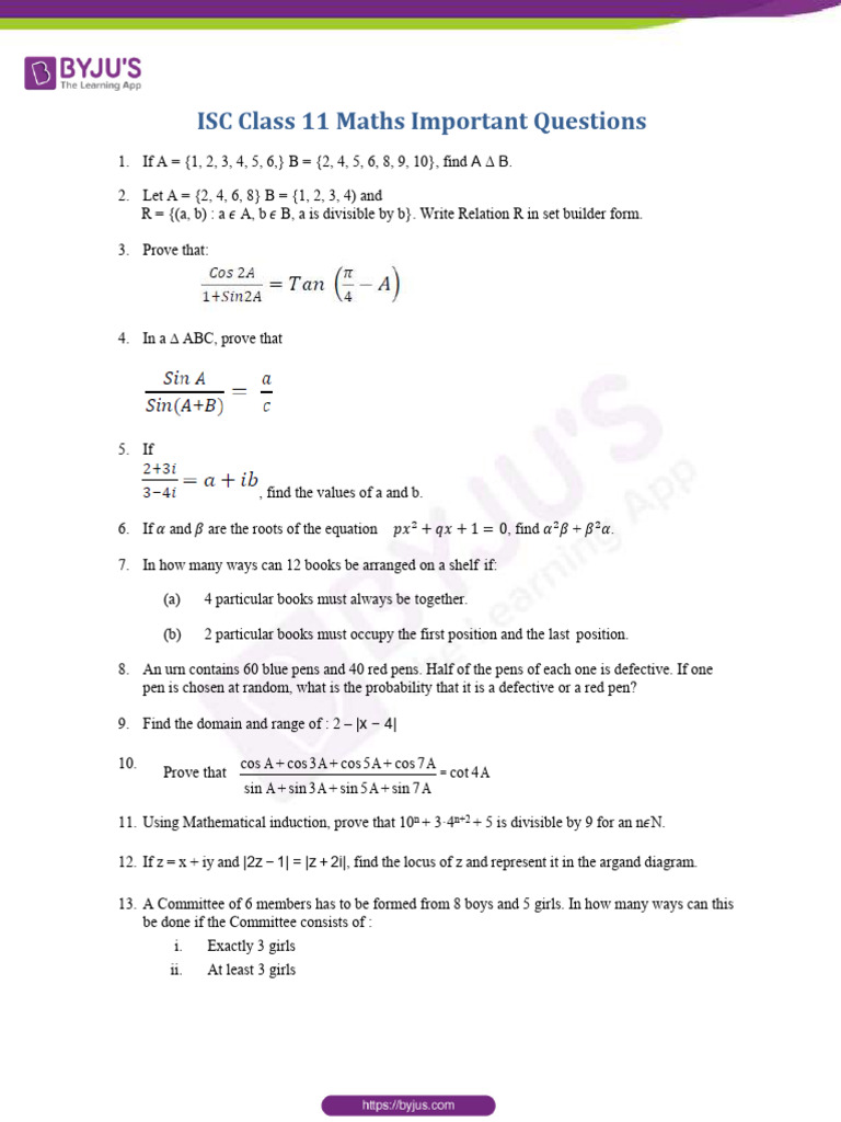 ISC Class 11 Maths Important Questions | PDF | Euclidean Plane Geometry ...