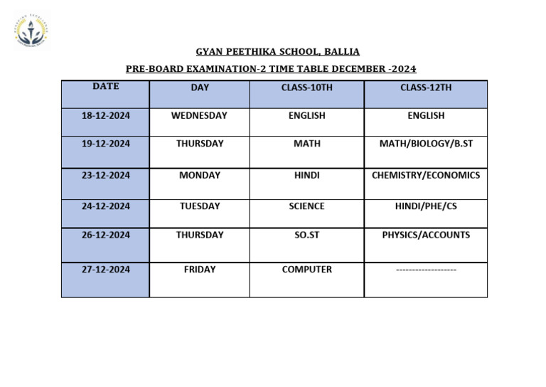 Test Time Table - Dec Pre-Board-2 | PDF