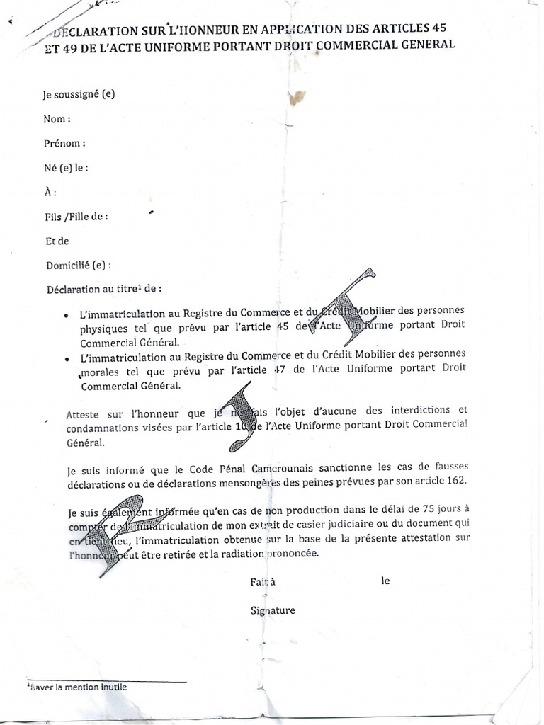 Déclaration sur l'honneur | PDF