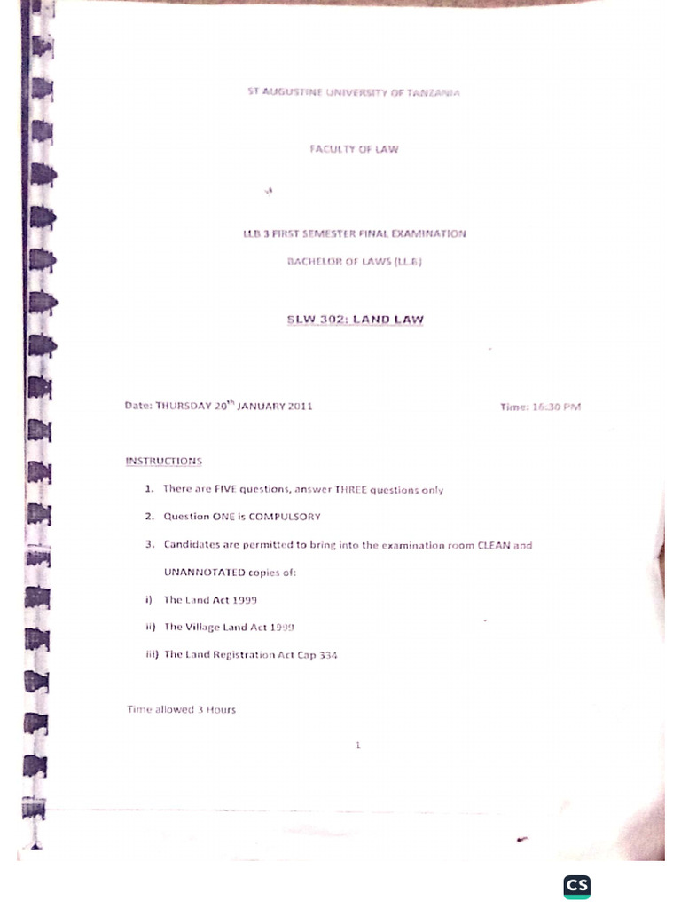 Land Law 1 Past Papers | PDF