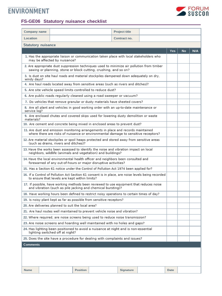 Statutory Nuisance Compliance Checklist | PDF | Road | Dust