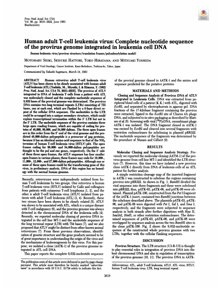 Seiki Et Al 1983 Human Adult T Cell Leukemia Virus Complete Nucleotide ...