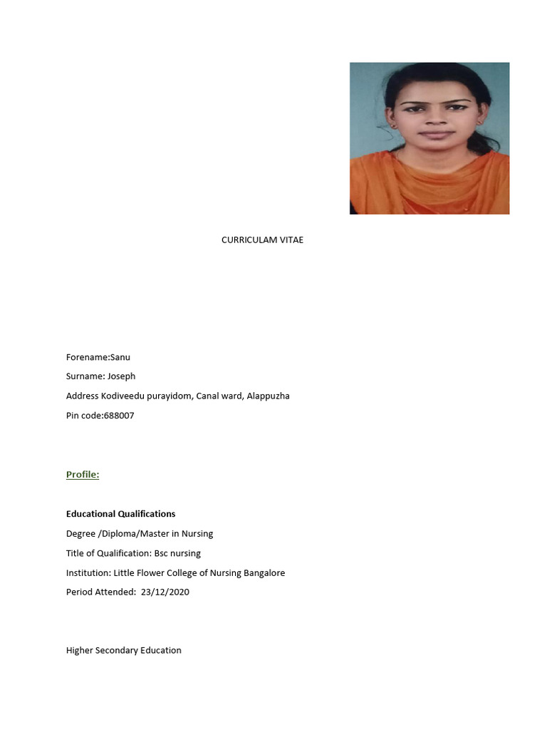 Nursing CV of Sanu Joseph | PDF | Nursing | Hospital