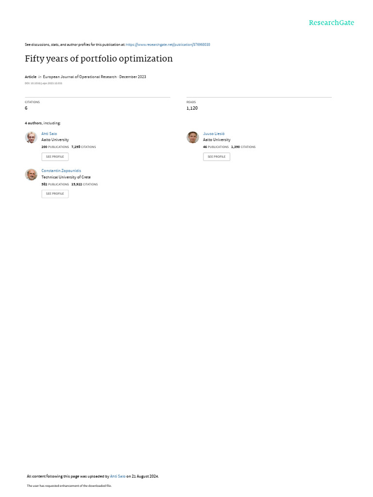 50 years of portfolio optimization | PDF | Mathematical Optimization | Risk