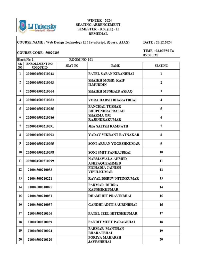 Seating Arrengement Wdt-II 20.12.2024 | PDF | Web Development | Java Script