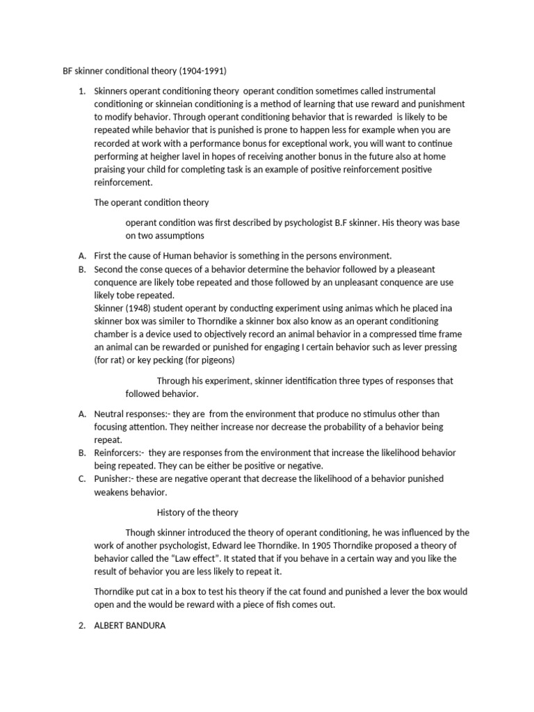 BF Skinner Conditional Theory | PDF | Reinforcement | Psychology