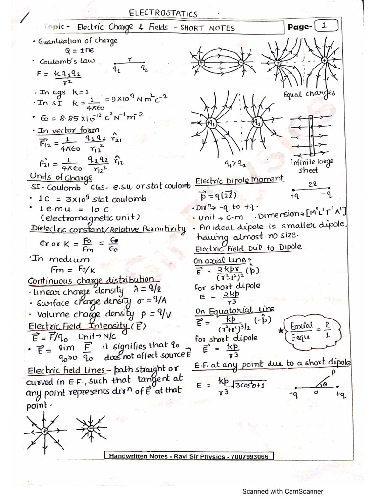Electrostatics Short Notes | PDF
