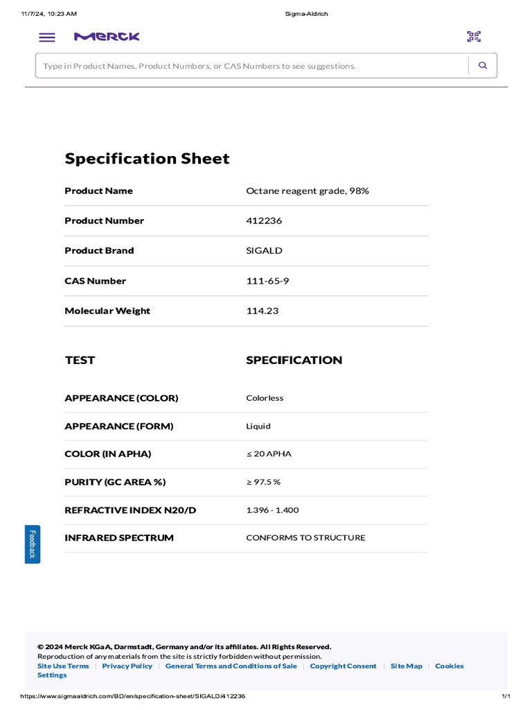 Sigma-Aldrich # Solvent - Octane Reagent Grade 98 | PDF