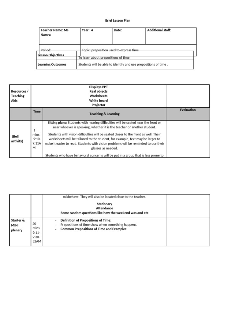Lesson Plan-2 - Preposition Used To Express Time | PDF | Learning ...