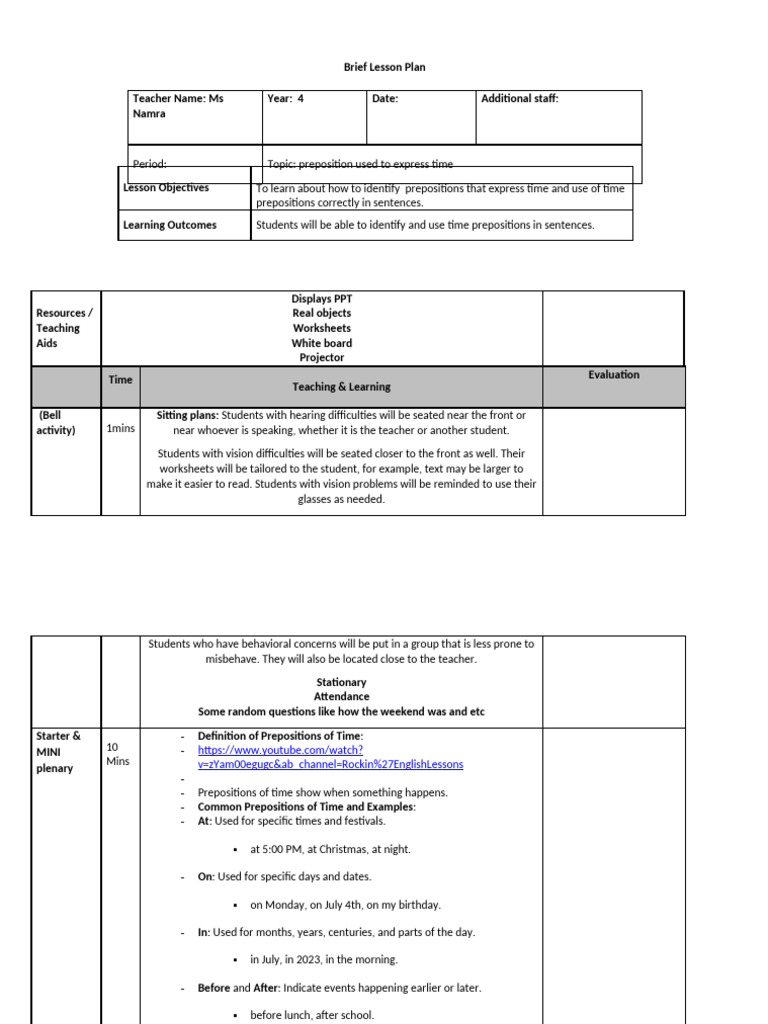 Lesson Plan-1 - Preposition Used To Express Time | PDF | Teachers | Cognitive Science