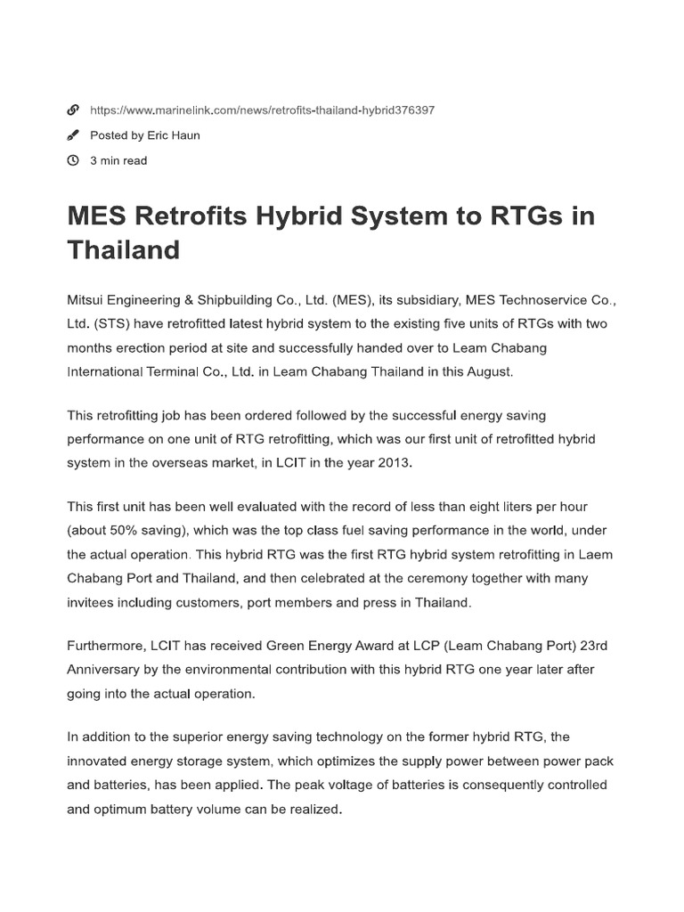 MES Retrofits Hybrid System To RTGs in Thailand | PDF