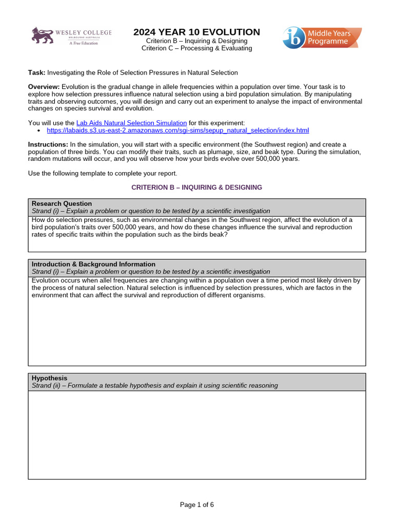 Natural Selection Simulation Report | PDF | Natural Selection | Evolution
