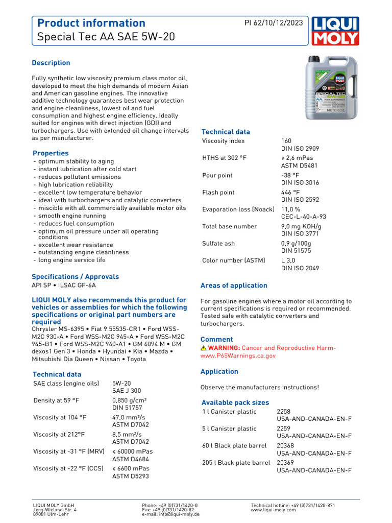 Special Tec AA 5W-20 Motor Oil Info | PDF | Motor Oil | Motor Vehicle