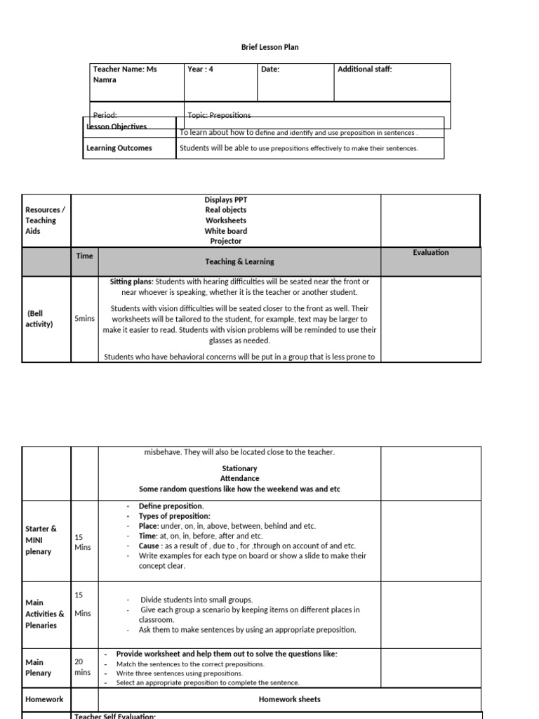 Prepositions Lesson Plan for Year 4 | PDF | Teachers | Lesson Plan