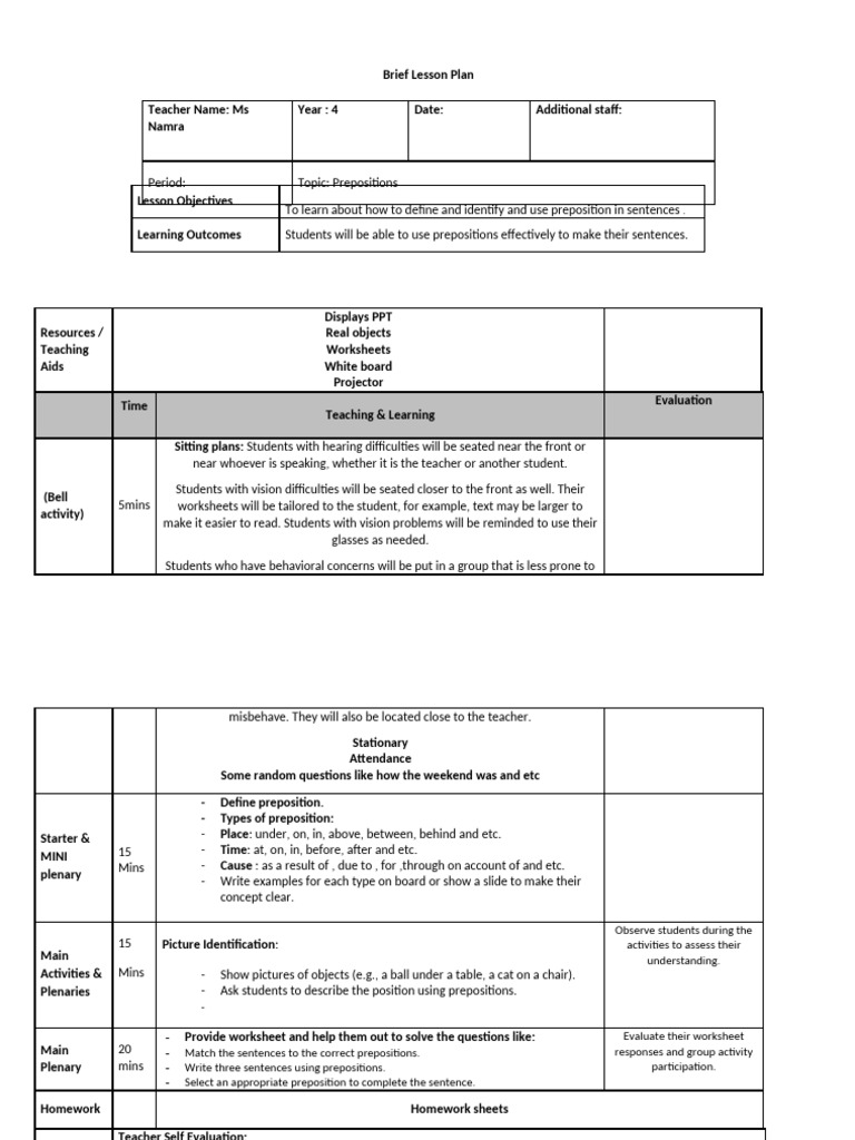Year 4 Prepositions Lesson Plan | PDF | Lesson Plan | Teachers