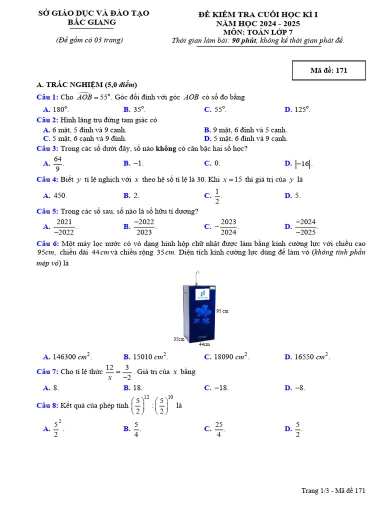 De Kiem Tra Cuoi Hoc Ki 1 Toan 7 Nam 2024 2025 So GDDT Bac Giang | PDF