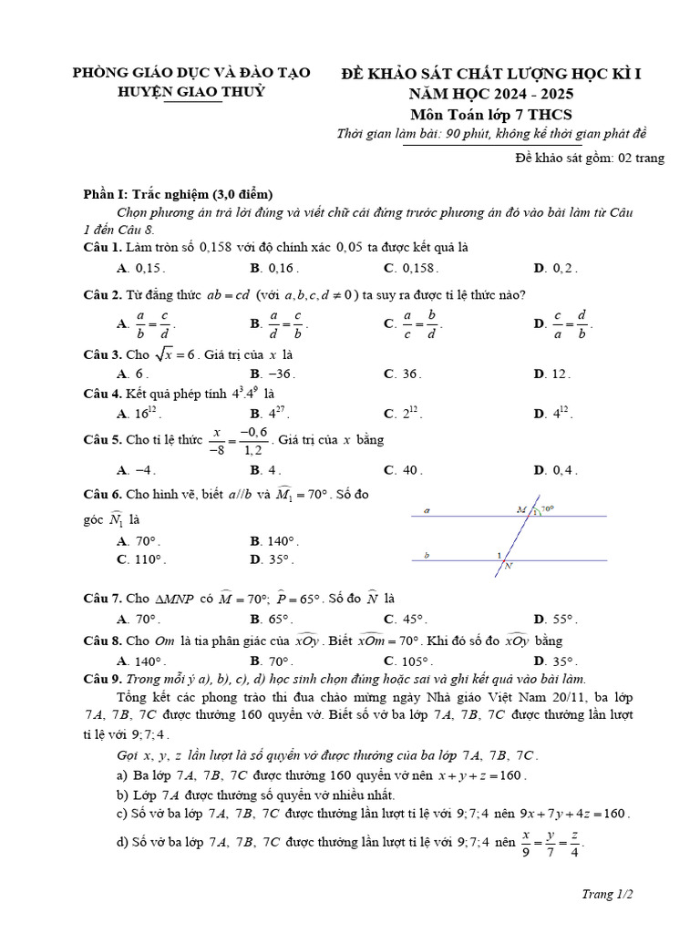 De Hoc Ki 1 Toan 7 Nam 2024 2025 Phong GDDT Giao Thuy Nam Dinh | PDF