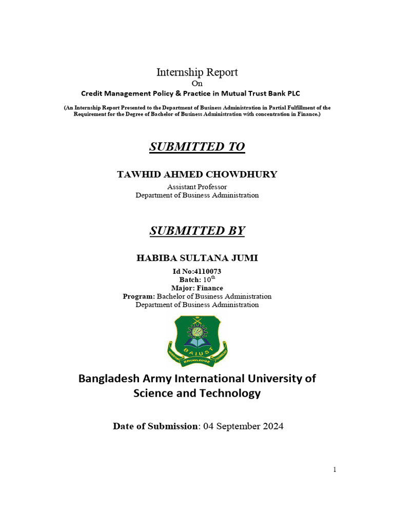 Internship Report Formet | PDF | Finance & Money Management | Credit