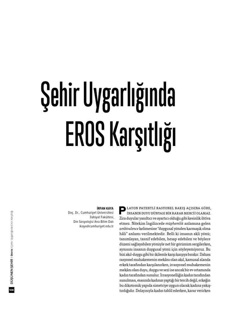 Sehir Uygarliginda Eros Karsitligi Irfan | PDF