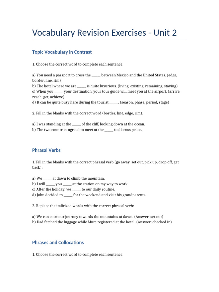 Vocabulary Revision Exercises Unit 2 | PDF | Word | Languages