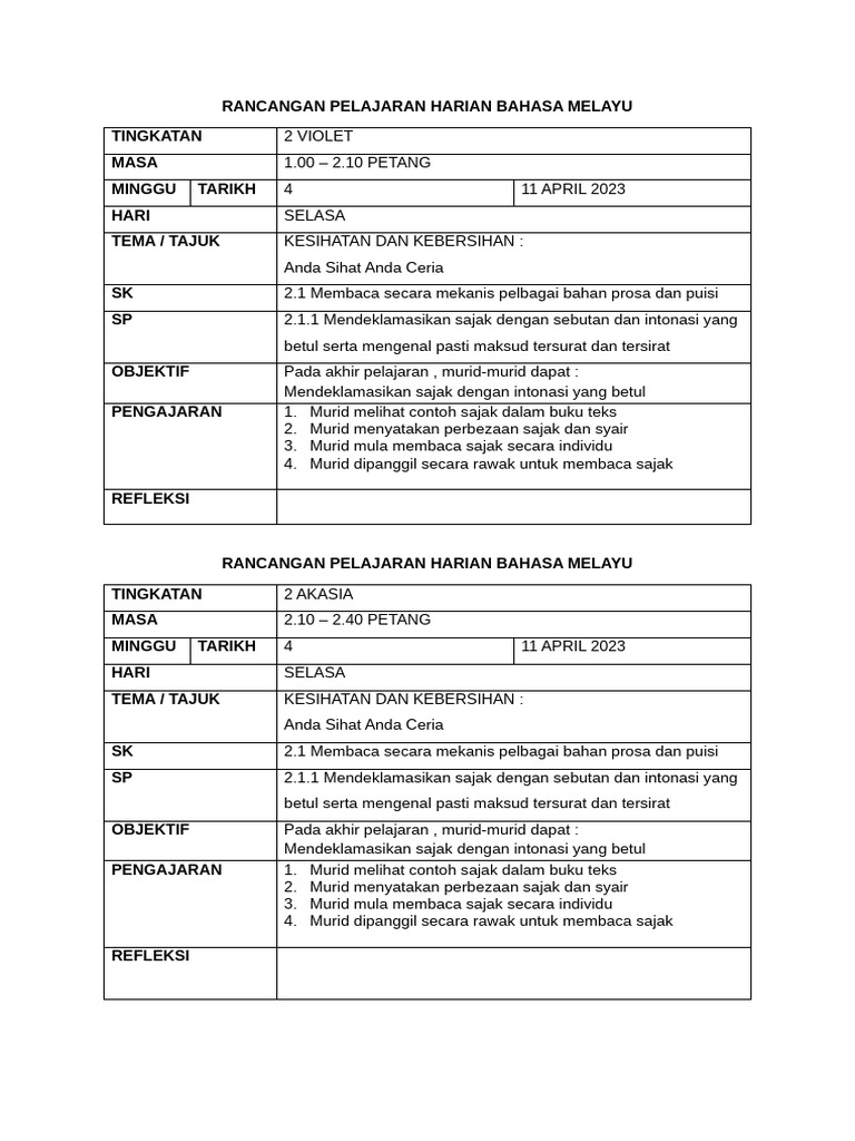 CONTOH RPH SEJ DAN BM | PDF