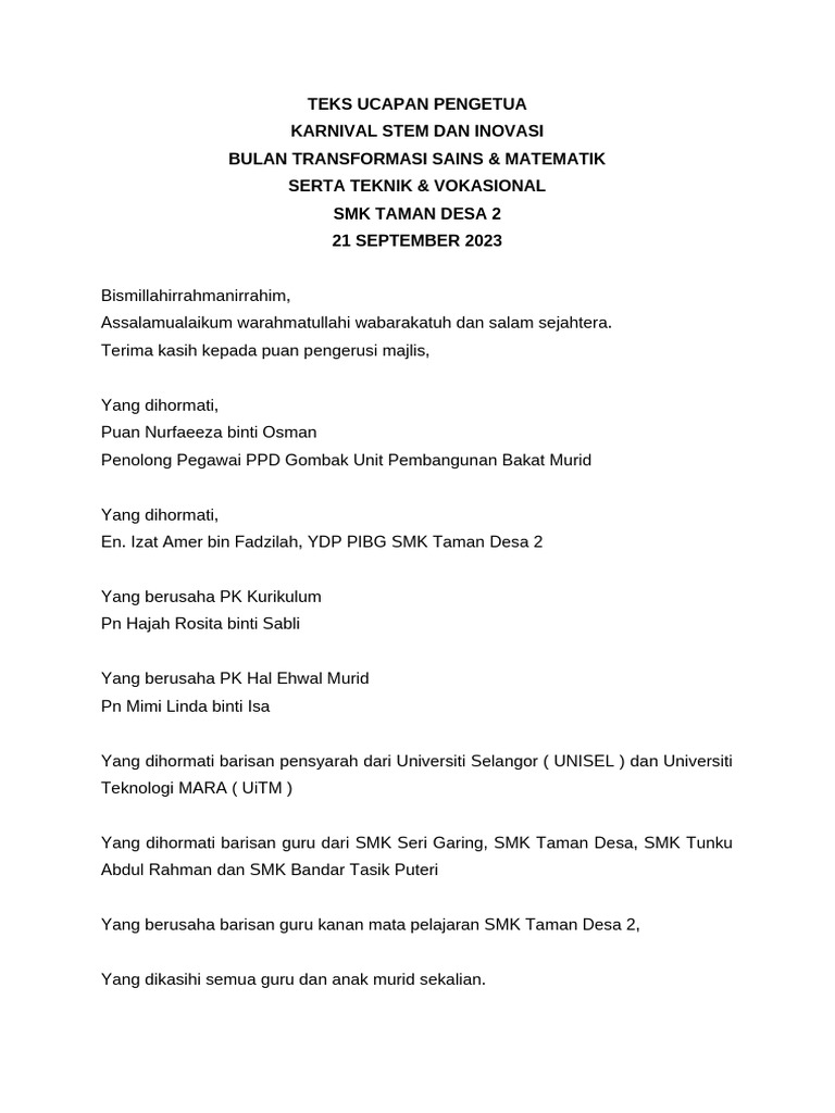 Teks Ucapan Pengetua Stem 2023 | PDF