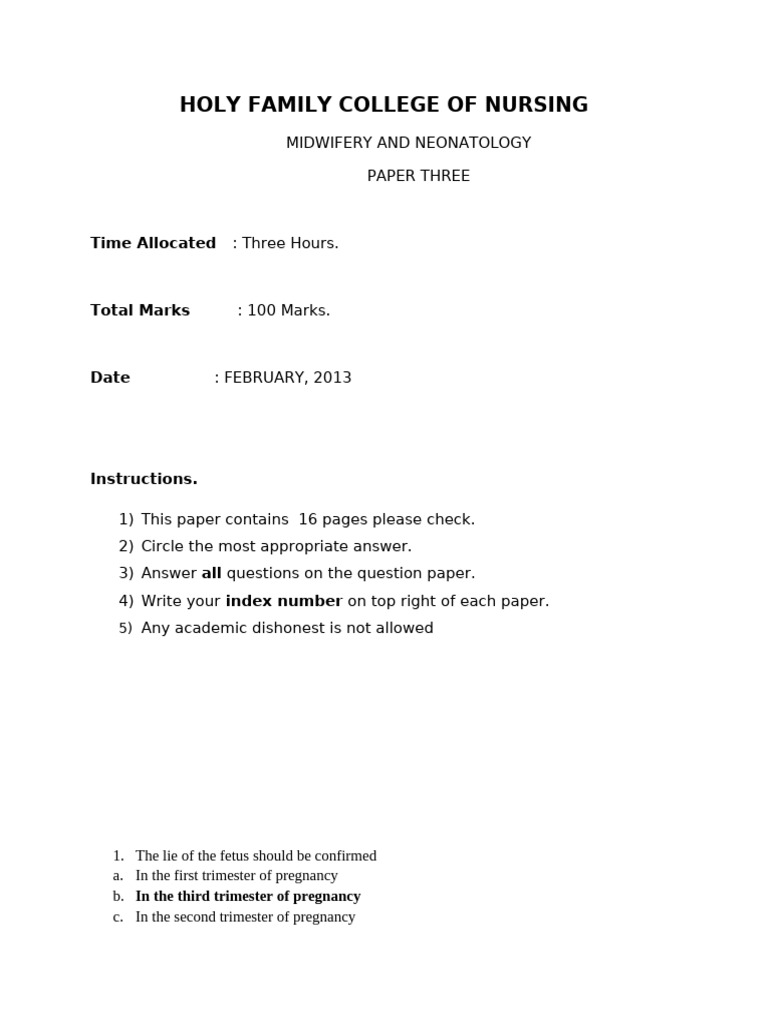 Midwifery Exam Paper Three | PDF | Childbirth | Pregnancy