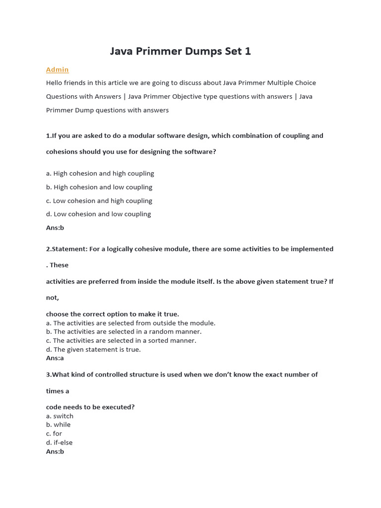 Java Primmer Dumps Set 1 | PDF | Relational Model | Software Engineering