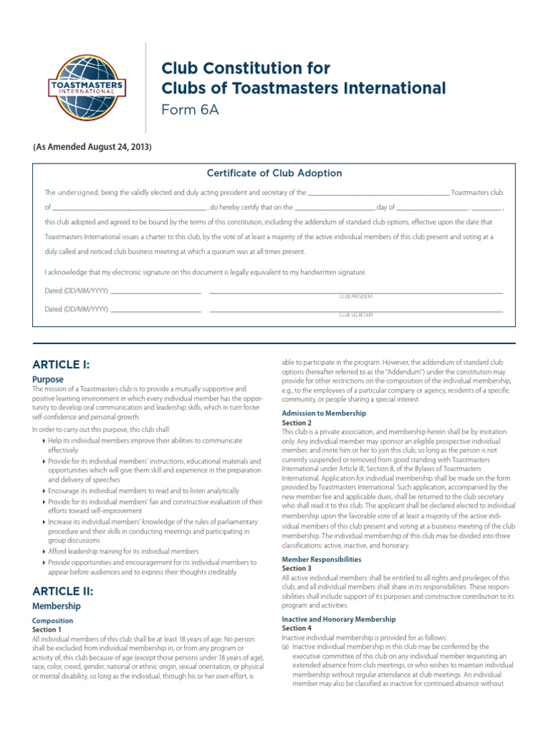 Ato 6a Club Constitution Form | PDF | Parliamentary Procedure | By Law