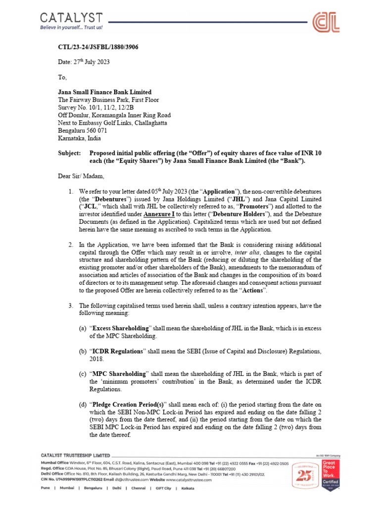 Catalyst NOC IPO JSFBL Final TPG 27-07-2023 Revised | PDF