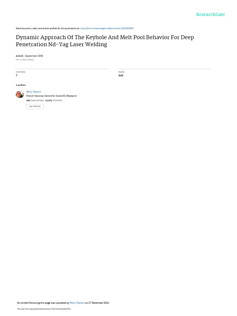 Dynamic Approach of The Keyhole and Melt Pool Behavior For Deep Penetration Nd-Yag Laser Welding ...