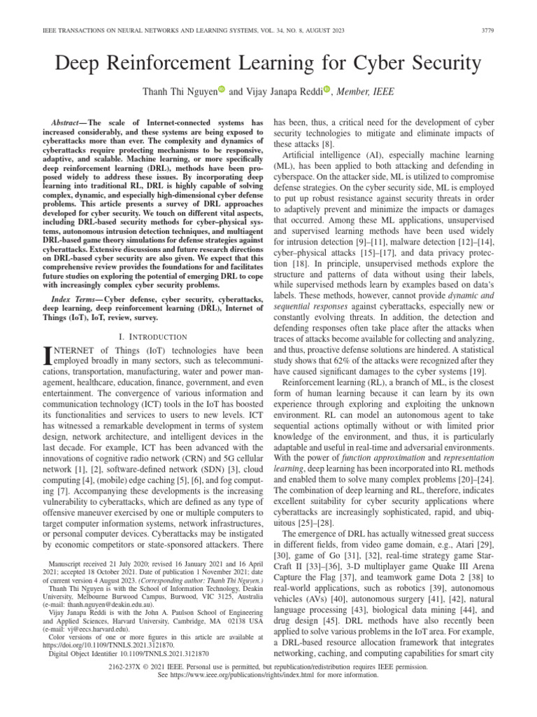 Deep Reinforcement Learning For Cyber Security | PDF | Machine Learning | Computer Security