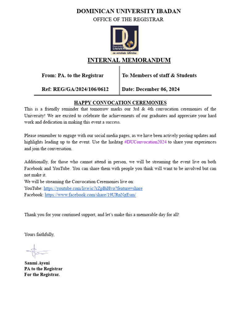 Internal Memo Convocation Day | PDF