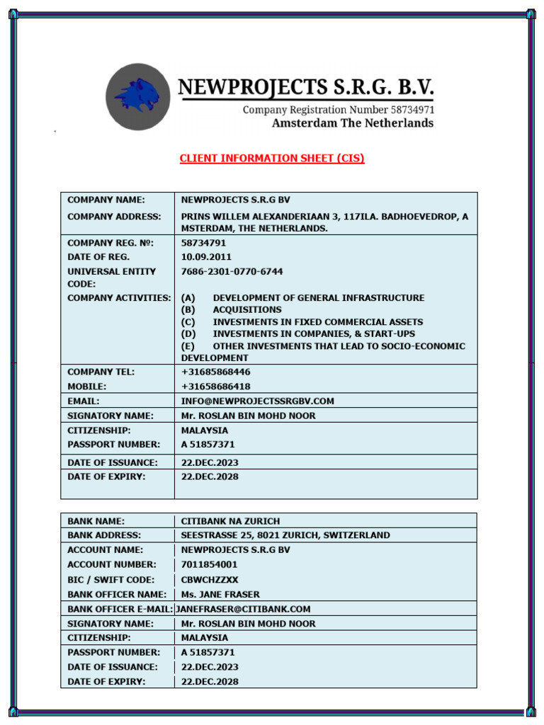 Newprojects S.R.G BV Client Info Sheet | PDF