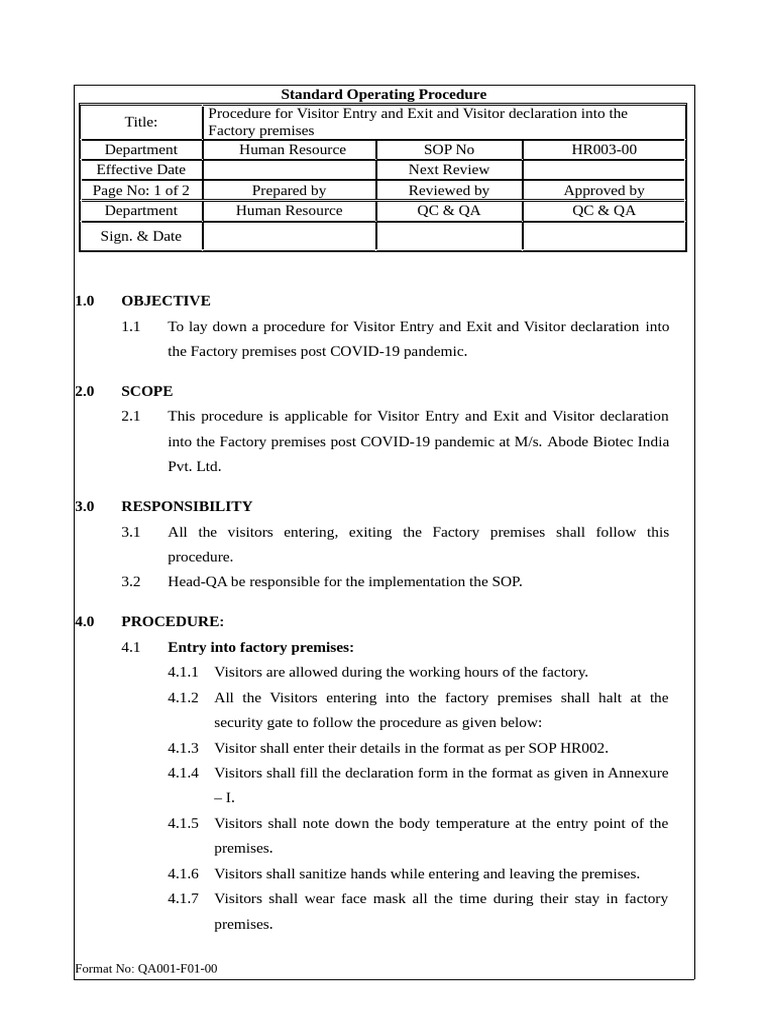 HR003 - Procedure For Visitor Entry and Exit and Visitor Declaration ...