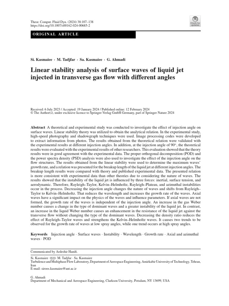 Linear Stability Analysis of Surface Waves of Liquid Jet Injected in Transverse Gas Flow With ...