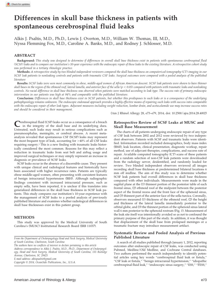 Differences in Skull Base Thickness in Patients With Spontaneous Cerebrospinal Fluid Leaks ...