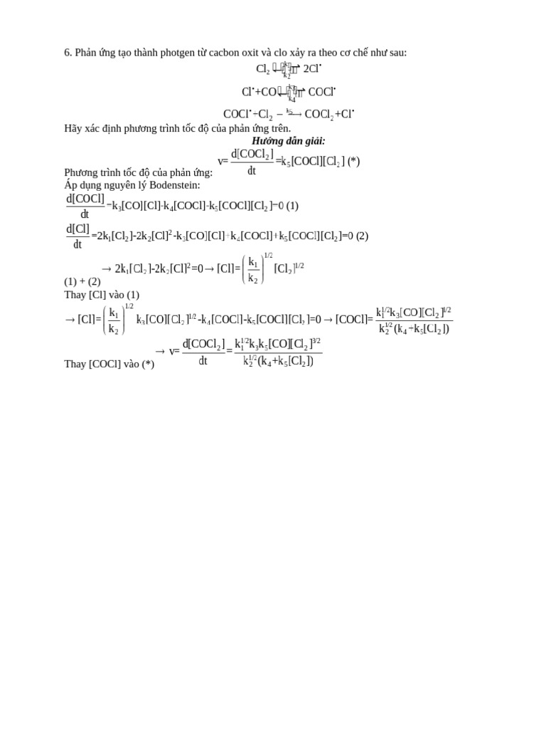 6. Phản ứng tạo thành photgen từ cacbon oxit và clo xảy ra theo cơ chế như sau | PDF